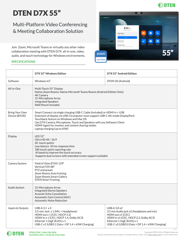 D7X 55 & 75 Specifications – DTEN Help Center