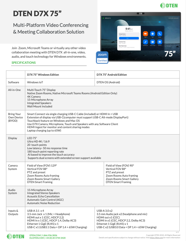 D7X 55 & 75 Specifications – DTEN Help Center